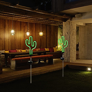 SVEIKS Solar Cactus Garden Stake Lights, Green Cacti Lighting Solar Pathway Lights Outdoor Waterproof LED Neon Strip for Courtyard Patio Lawn Flowerbed Landscape, 30" Tall (2 Pack)