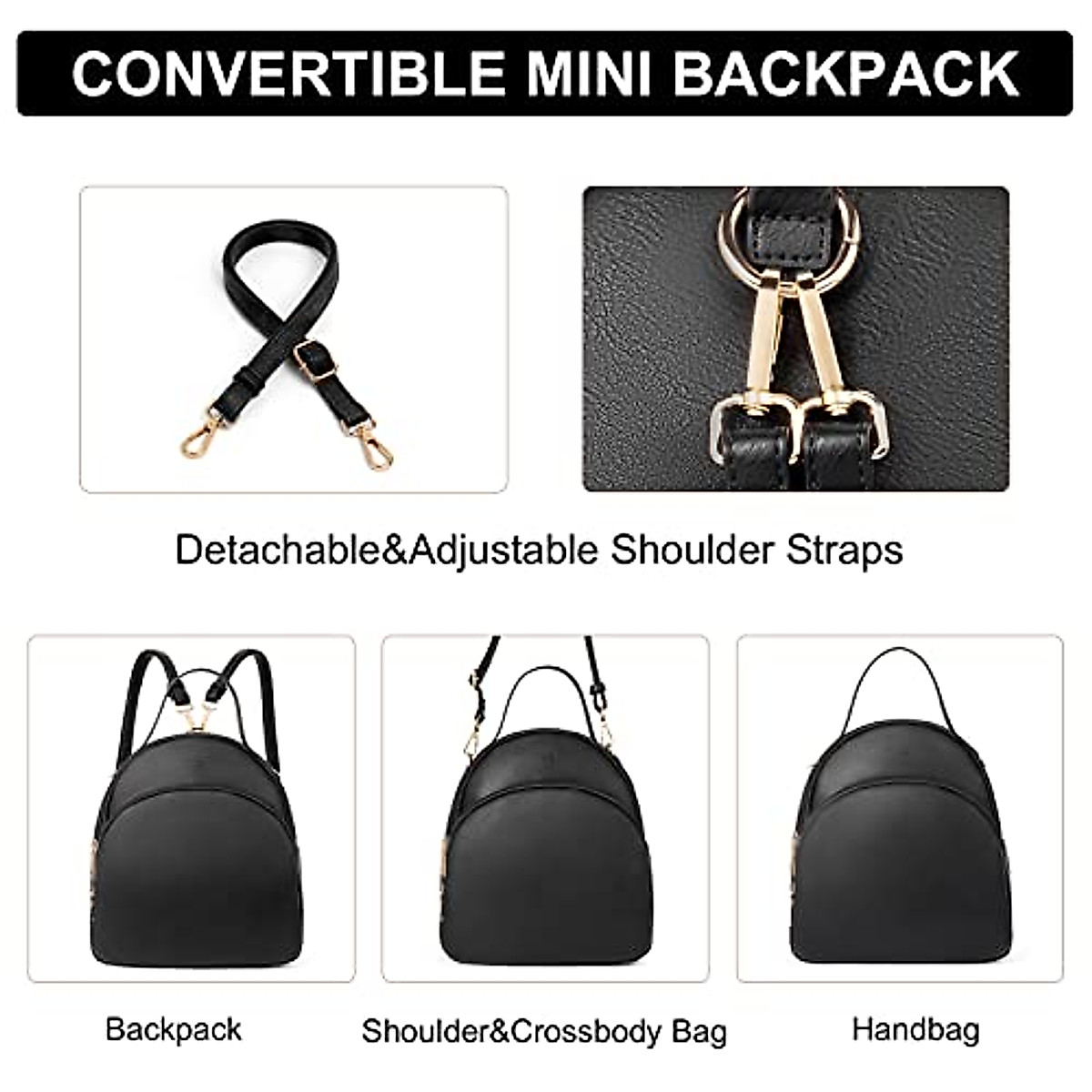 CLUCI Small Backpack for Women Leather Women's Black Backpack Purse Handbags Mini Fashion Lady Travel Backpack Convertible Bookbag