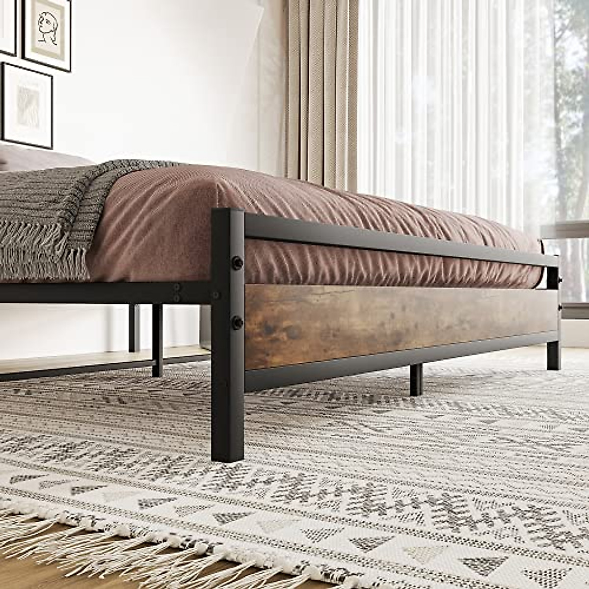 HOJINLINERO King Bed Frame with Headboard,Platform Bed Frame King No Box Spring Needed,Mattress Foundation,Sturdy Steel Slat Support,Easy Assembly,King Size Bed Frame,Black and Rustic Brown