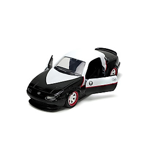 Jada 1990 Mazda Miata Black and White with Graphics and Ghost Spider Diecast Figure Spider-Man Marvel Series 1/32 Diecast Model Car