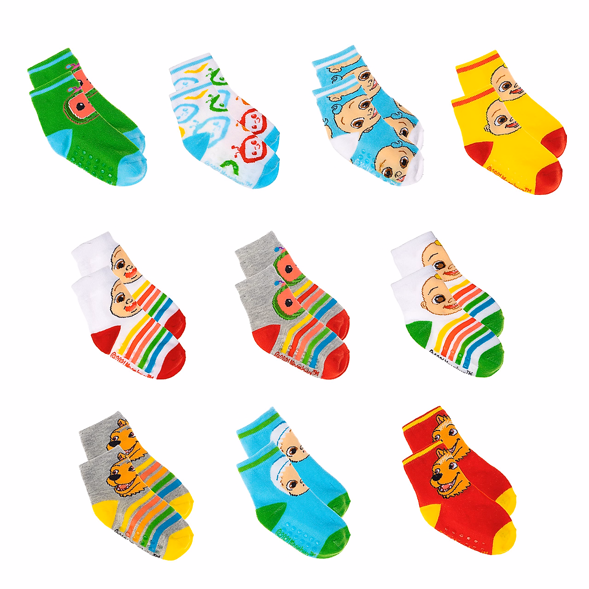 Accessory Supply Cocomelon Socks, 10-Pack Kids Socks for 6-24 Months & 2T-5T, Socks with Grips for Kids