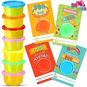 JOYIN 28 Pcs Valentines Day Gift Cards with Colorful Playing Dough for Kids Valentine Party Favors, Valentine's Classroom Exchange