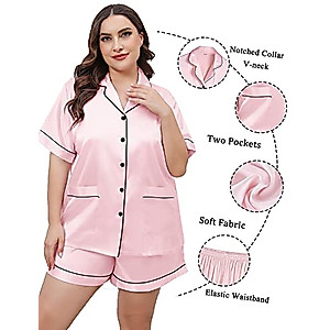 SWOMOG Women's Plus Size Silk Pajamas Button Down Top Pj Satin Shorts Loungewear 2 Pieces Short Sleeve Sleepwear with Pockets Pink