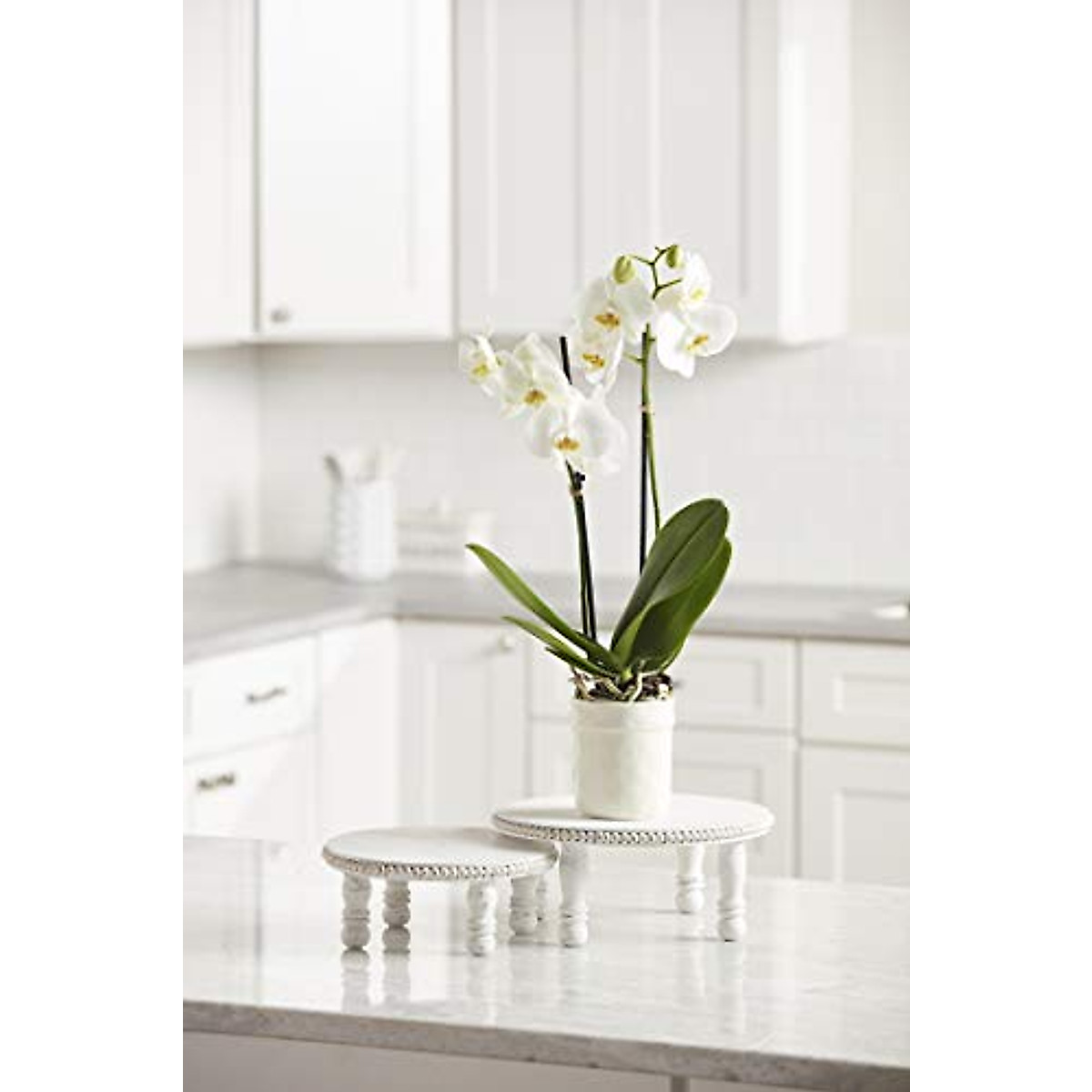 Mud Pie White Beaded Pedestal Trays, small 4" x 10" dia | large 5" x 12" dia