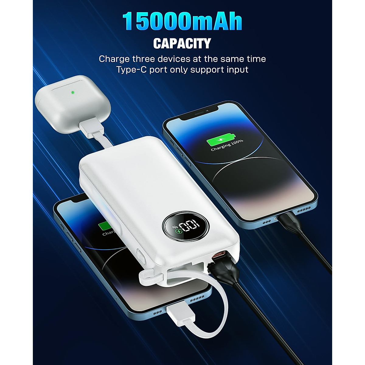 Portable-Charger-Power-Bank - 15000mAh PD 30W Power Bank, Built in Type-C(30W) and iOS(20W) Output Cables LED Display for iPhone and Android Phones and Most Electronic Devices(White)
