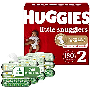 Huggies Little Snugglers Diapers & Wipes Bundle: Huggies Little Snugglers Size 2 Baby Diaper, 180ct & Huggies Natural Care Sensitive Wipes, Unscented, 12 Packs (768 Wipes Total) (Packaging May Vary)
