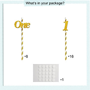 Happy 1st Birthday Straws, Gold Glitter 1 Year Old Paper Straws, 1st Anniversary/Birthday Party Drinking Decorative Straws - 24pcs