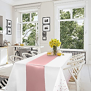 16 Pack Disposable Plastic Tablecloths and Satin Table Runner Set White and Rose Gold Dot Tablecloth Rose Gold Satin Table Runner for Wedding Birthday Baby Shower Anniversary Christmas New Year Party