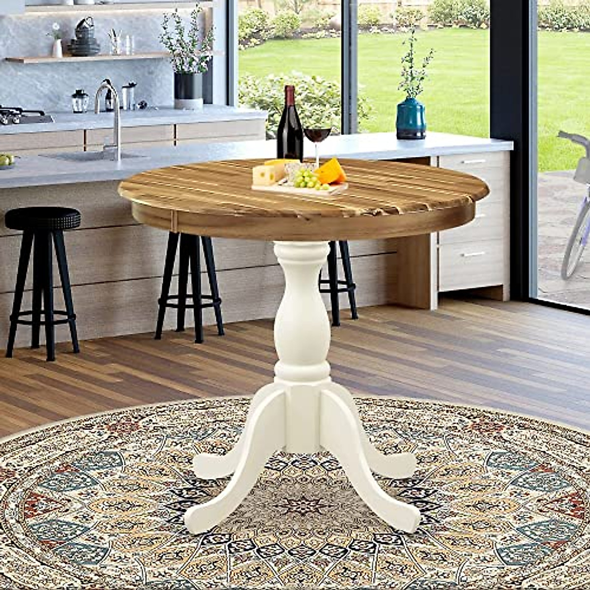 East West Furniture AST-NLW-TP Antique Modern Kitchen Table - a Round Dining Table Top with Pedestal Base, 36x36 Inch, Multi-Color