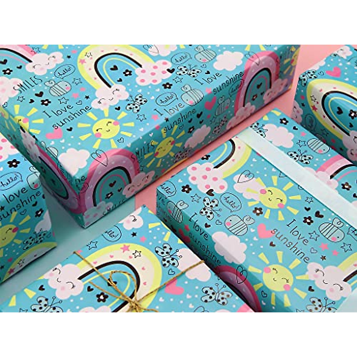 Birthday Wrapping Paper For Kids Girls Boys, I Love Sunshine Rainbow Design Gift Wrap Paper for Birthday Baby Shower Children's Day, 4 Sheets Folded Flat 20x28 Inches Per Sheet