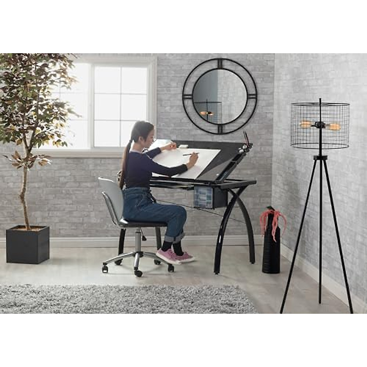 Futura Crafting, Drafting, Drawing Table with Adjustable Top, Black and Black Glass