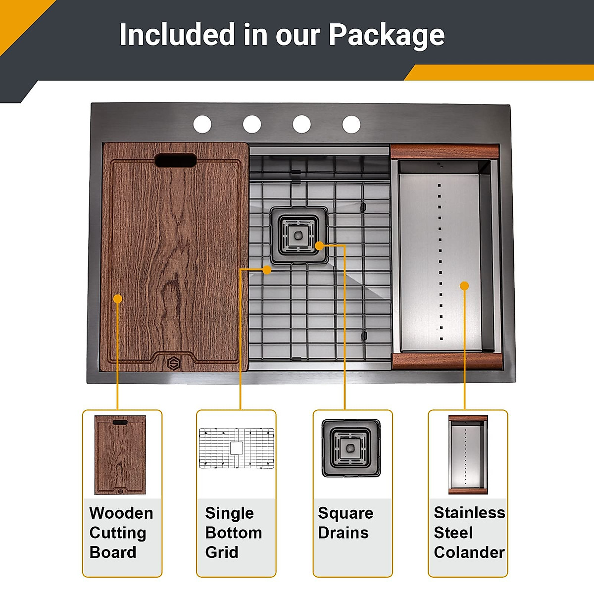 Strictly Sinks 33” Topmount Kitchen Workstation Sink-Black Single Bowl 16 Gauge Stainless Steel Drop In Sink with Wooden Cutting Board, Color Matching Colander & Strainer Square Drain