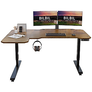 bilbil L-Shaped Electric Height Adjustable Standing Desk 59 Inches, Stand Up Rising Table for Home Office with Splice Board, Black Frame and Rustic Brown Top