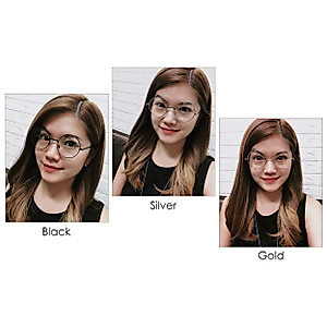PLAY BLING Large 2" Metal Frame Round Glasses Set of 3 Clear Lens Glasses Lightweight Circle Eyeglasses for Women Men (Clear)