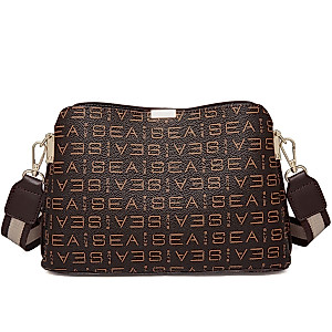 FOXLOVER Small Crossbody Shoulder Bags for Women PVC Faux Leather Ladies Monogram Purses Womens Fashion Signature Handbag with Adjustable Shoulder Strap (Brown)