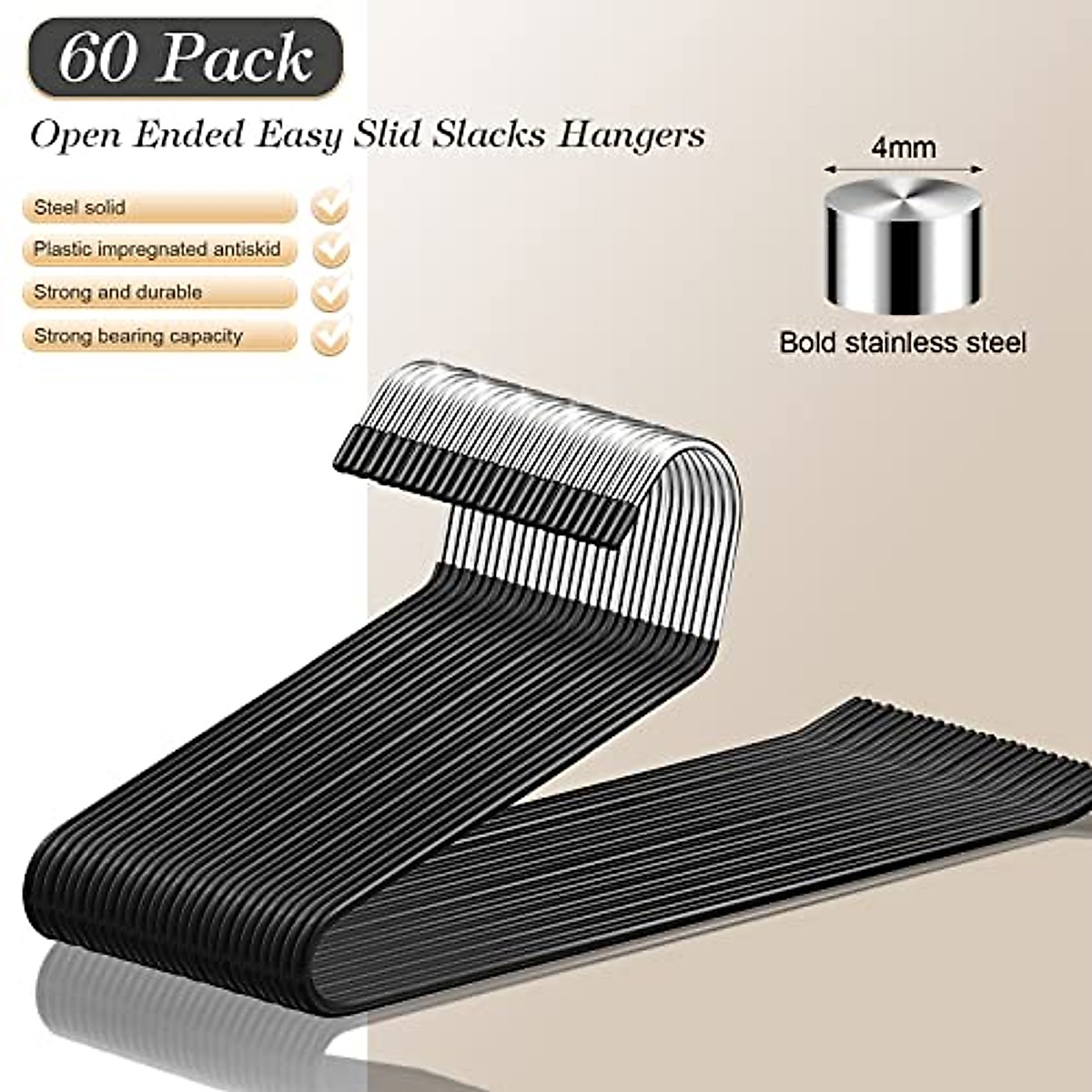 60 Pack Open Ended Pants Hangers, Metal Non Slip Trouser Hangers, Anti Rust Chrome Rubber Coating Slack Jeans Hangers, Heavy Duty Space Saving Pants Hangers for Pants Jeans Trousers Slacks Skirts