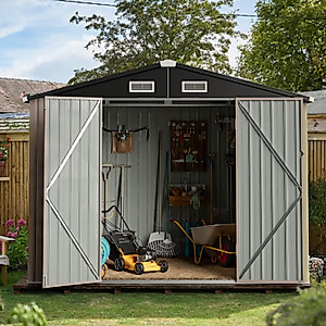 Oneinmil Outdoor Storage Shed 8x6 FT, Metal Tool Shed with Lockable Door, Metal Shed Garbage Can, Storage House for Backyard, Garden, Patio, Lawn, Brown