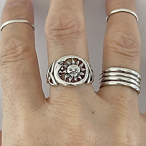 Sterling Silver Large Unisex Sun and Moon Face Ring with Celtic, Celestial, Sky Ring, Sunshine Ring