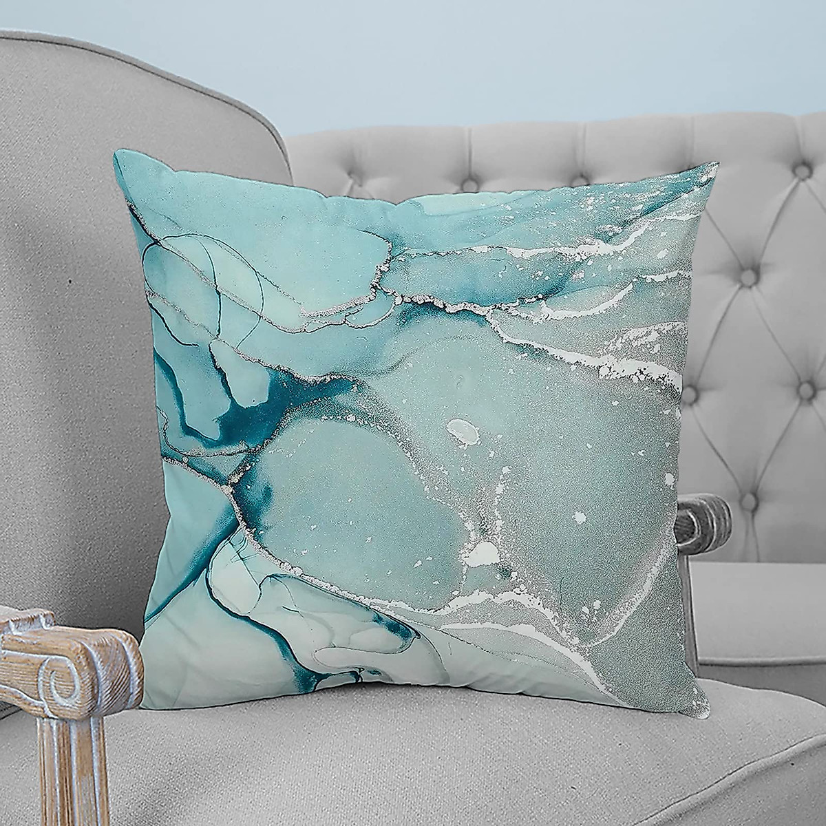Roses Garden Decorative Throw Pillow Cover Blue Aqua Turquoise Teal Marble Textured Pillow Case Square Cushion Cover Super Soft Brushed Fabric Pillowcase for Home Couch Sofa Bed, 16" x 16"