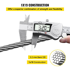 VEVOR Stainless Steel Cable Railing 1/8"x 500ft, Wire Rope 316 Marine Grade, Braided Aircraft Cable 1x19 Strands Construction for Deck Rail Balusters Stair Handrail Porch Fence