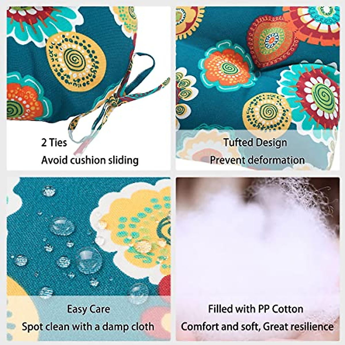 MAGPIE FABRICS Outdoor 15"x15"x4" Round Bistro Seat Cushions with Ties Set of 2, Tufted Waterproof Patio Floor Chair Pads for Home Garden Balcony Kitchen Office Porch, Heronsbill Turquoise Green