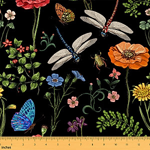 Dragonfly Upholstery Fabric by The Yard Watercolor Poppy Weed Rustic Plant DIY Fabric by The Yard Blue Butterfly Ladybug Animals Decor Fabric for Upholstery and Home Accents,1 Yard