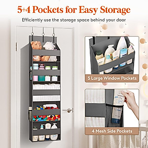 Lifewit 1 Pack Over the Door Organizer, 5 Shelf Clear Window Hanging Storage with 4 Mesh Side Pockets, Anti Tilt 40 lbs Load Behind Door for Pantry, Nursery, Bathroom, Bedroom, Kitchen, Dorm, Grey