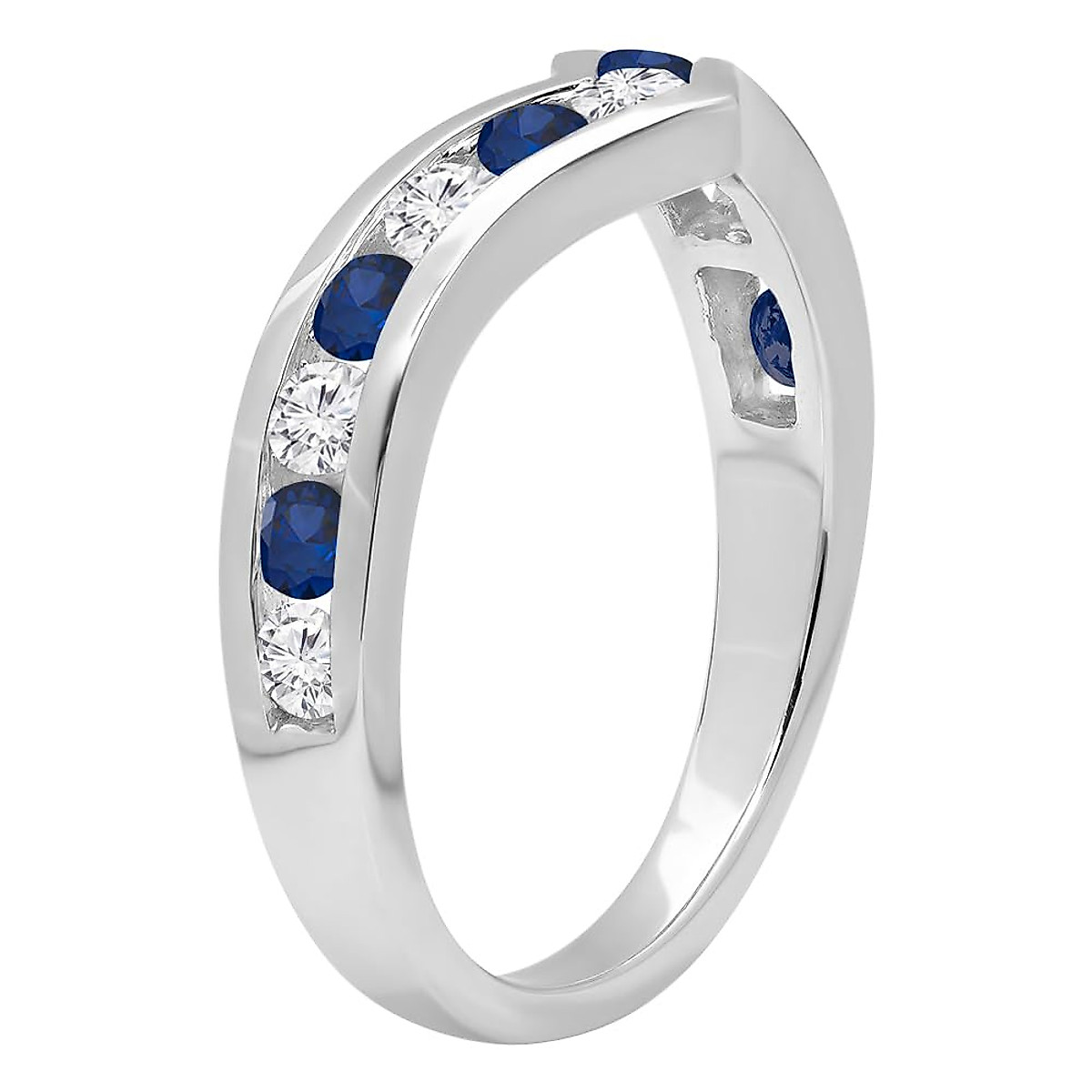 Dazzlingrock Collection Alternate Round Blue Sapphire & White Diamond Anniversary Stackable Chevron Band for Women in 14K White Gold, Size 5.5