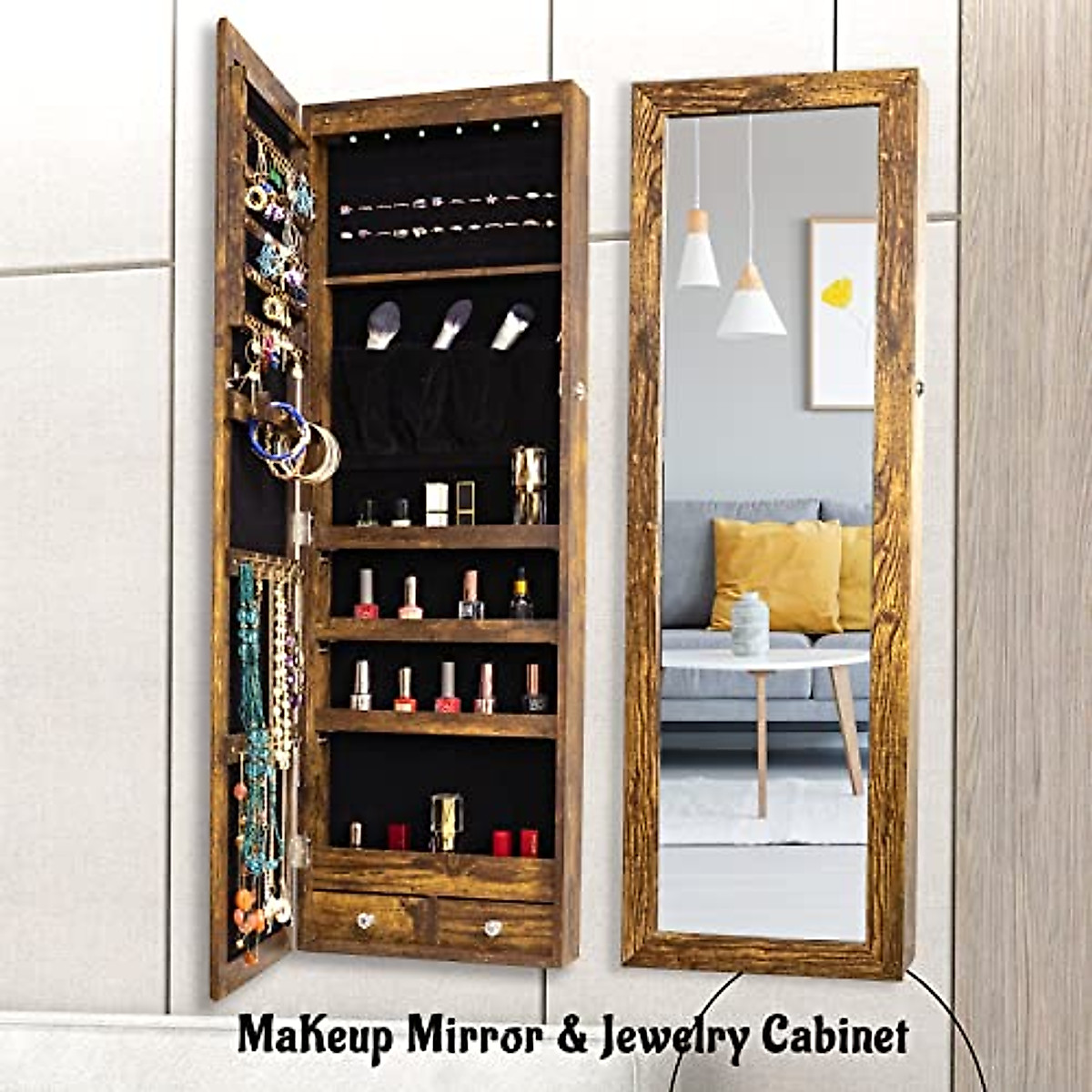 Ntufrest Mirror Jewelry Organizer, Upgraded 6 LED Lights Wall/Door Mounted Jewelry Armoire Cabinet, Full Length Mirror with Storage, Lockable Makeup Organizer and Storage
