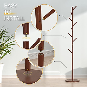 Wooden Coat Rack Freestanding Coat Tree with 4 Height Options and 9 Hooks, Sturdy Coat Rack Stand for Clothes/Bags/Hats, Easy Assemble Save Space for Entryway,Bedroom,Office,Narrow Place (Brown)