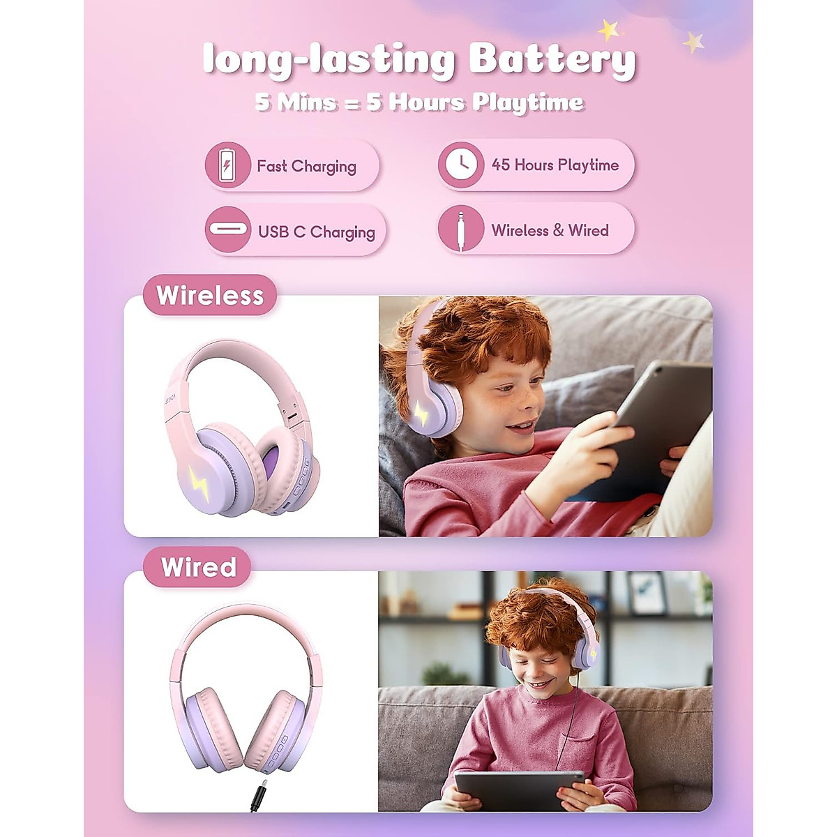 seenda Kids Bluetooth Headphones, Colorful Wireless Over Ear Headset with 85dB/94dB Volume Limited, 45H Playtime, 3 Lighting Modes, Built-in Mic Headphones for Boys Girls iPad Tablet School Pink