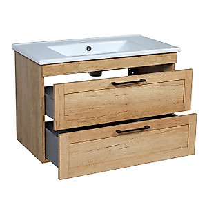 Modern Wall-Mounted Bathroom Vanity with Washbasin | Palm Beach Teak Natural Collection | Non-Toxic Fire-Resistant MDF-68 (34+34)-Omega Collection 40"