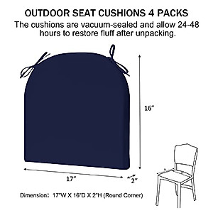 downluxe Outdoor Chair Cushions, Waterproof Round Corner Memory Foam Seat Cushions with Ties for Garden Patio Funiture, 17" x 16" x 2", Navy, 4 Pack