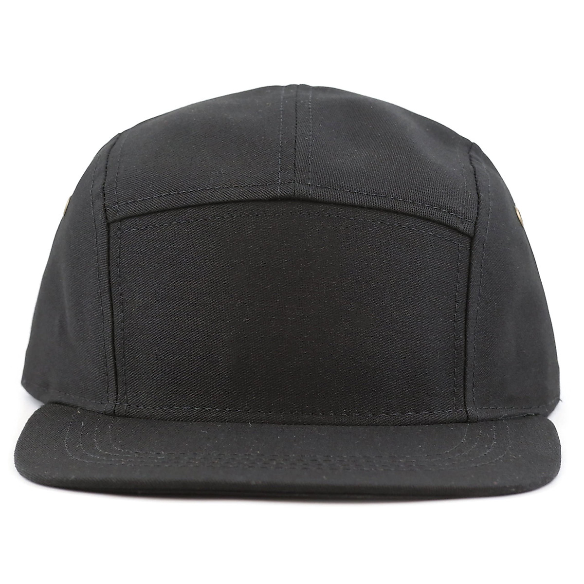The Hat Depot Made in USA 5 Panel Genuine Leather Brass Closure Flat Brim Biker Cap (Black)