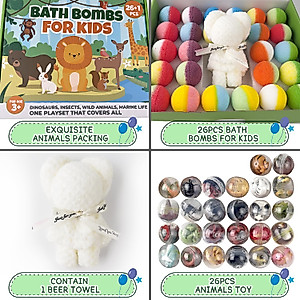 Kids Bath Bombs with Surprise Inside, 26pcs Bath Bombs with Toys and 1 Bear Towel Gift for Boys/Girls, Party Favors for Kids Natural Organic Bubble Bath with Animals Bath Bombs for Christmas