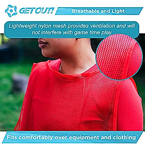 Get Out! Set of 12 Scrimmage Vest Pinnies for Teen/Adult in Red and Blue – Nylon Mesh Jerseys for Any Sport