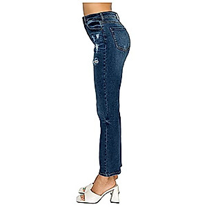 Love Moda Women's High Waist Slim Straight Denim Jeans with Spandex, Dark Blue