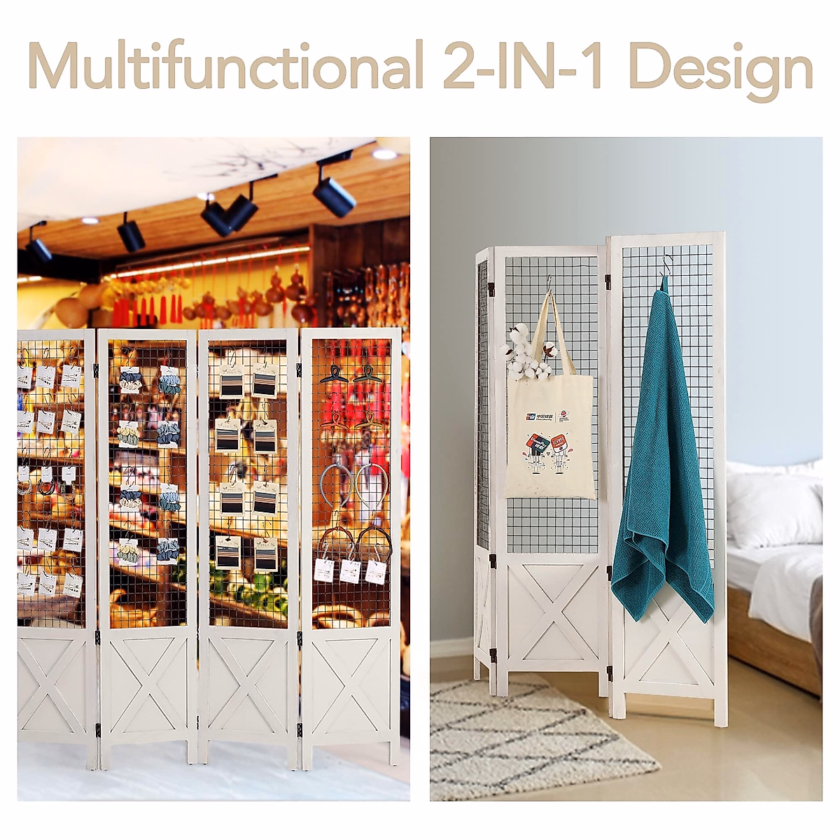 Wnutrees 4 Panel Gridwall Display, Portable Freestanding Display Board for Craft/Art Shows, Retail, Events, Decorative Wood Room Divider Folding Screens, White