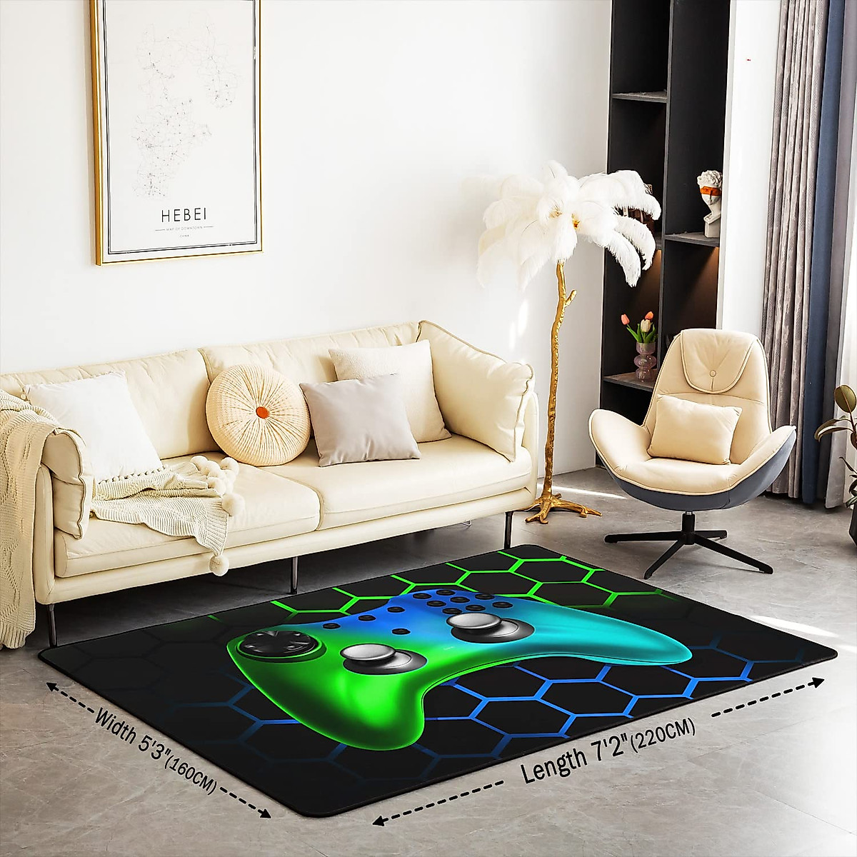Gamer Area Rug 3'x5' Gaming Honeycomb Blue Green Rugs Mat for Living Room Bedroom Game Room Decor Grey Decor Gamepad Carpet Non Slip Modern Game Console Controller Area Runner Rug
