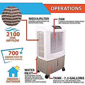 Hessaire MC26A Portable Evaporative Cooler, Humidifier, 2100 Cubic FPM, Cools 700 Sq. Ft., 2.5 GPH, White. For Garages, Shops, Patios, Pools, Workshops, Includes Remote Control for Ease of Operation
