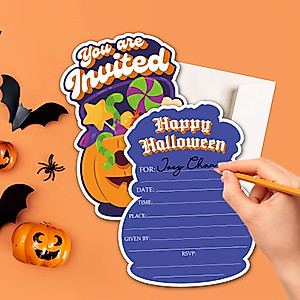 Deluxe Halloween or Costume Party Invitations, 25 Shape Fill-in Cards with Envelopes, Pumpkin, Ghost, Monster, Cute Trick or Treat, Box or Treat for Kids Birthday or Adult party - 4"X6" (JRM373)