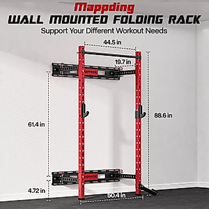 Mappding Folding Squat Rack Wall Mounted, 1100 LBS Foldable Squat Power Rack Weight Cage with Pull Up Bar, J-Cups, Landmine and Partable Space Saving Free Standing for Home Gym Garage Workout, Red