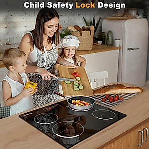 Cooksir Electric Cooktop 24 Inch, 4 Burner Electric Stove Top Drop-in 220V-240V, 24 Inch large Ceramic Stovetop with Ceramic Glass, Timer, Kids Safety Lock, 9 Heating Level, 220V Hard Wired (No Plug)