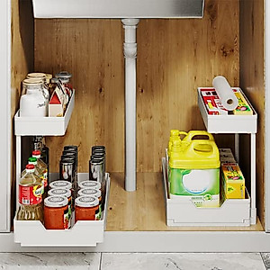 MILILOVE Under Sink Storage Organizers, Bathroom Countertop Organizer, 2-Tier Sliding Kitchen Cabinet Organization, with Hooks, Multi-purpose Shelf Organizer, For Kitchen Bathroom Bedroom Office