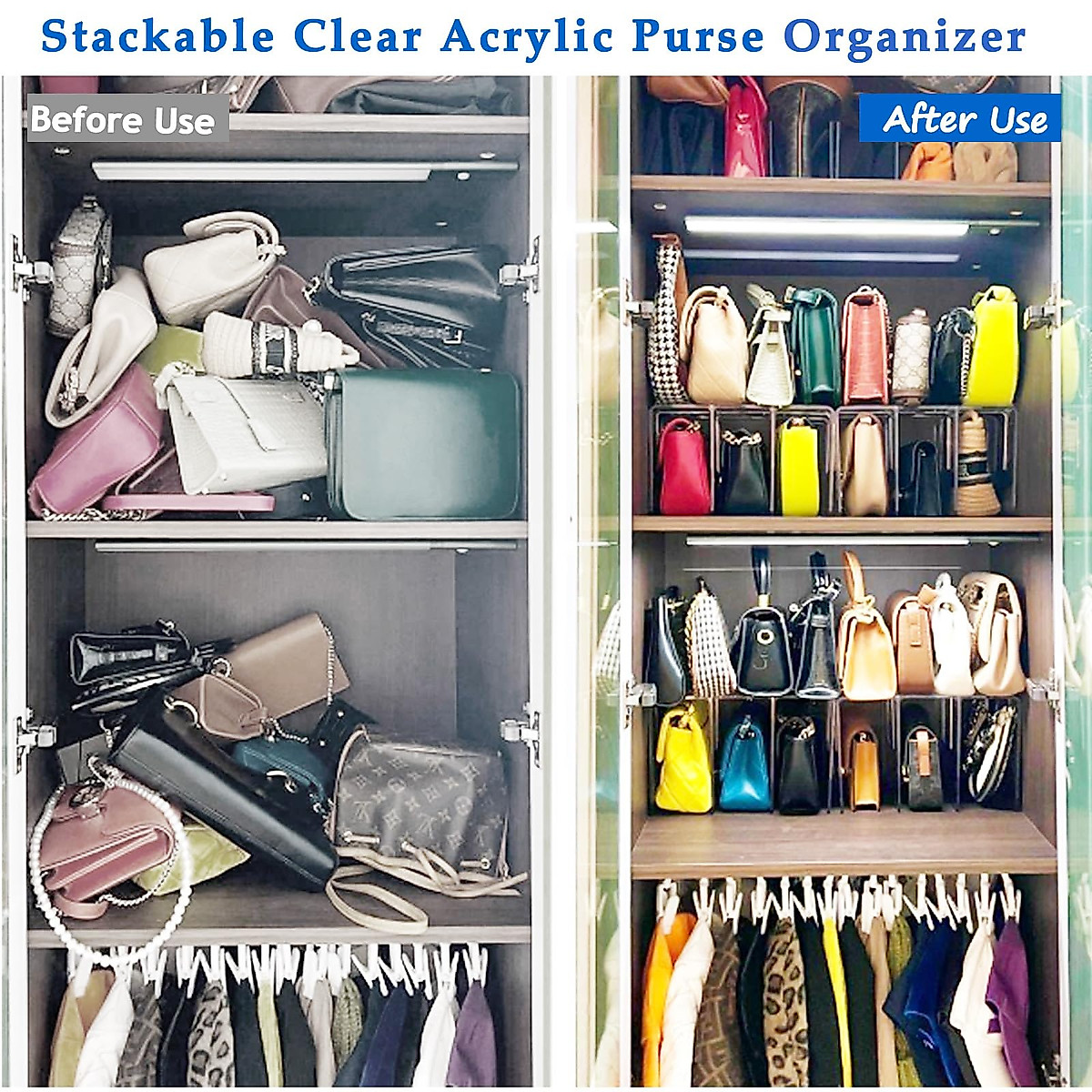 Lemical Clear Acrylic File Sorter 2 Pack Handbag Clutch Purse Organizer Acrylic Shelf Divider Drawer Organizers for Clothes Pouch Notebooks Stand Bookshelf Cooking Utensil (2Pack-4Sections)