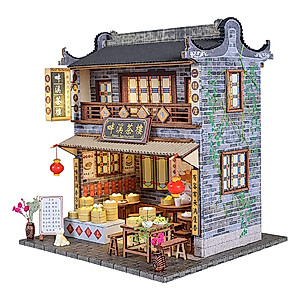 WYD DIY Chinese DIY Doll House Ancient Architecture Handmade Mini Wooden House Miniature Dollhouse Furniture Set Children Toys New Year Birthday Wedding Gift (Panxi Tea House)