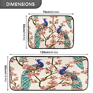 Peacock Flower Tree Kitchen Mat Set 2PCS, Super Absorbent Kitchen Rugs and Mats Non Slip Easy Clean Carpets Rugs for Kitchen Floor Sink Laundry Runner Area Rug Carpet