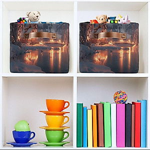 SDMKA Lakeside Lodge Pattern Storage Baskets Foldable Fabric Baskets Large Storage Bins for Organizing Shelves Closet Home, Decorate Your Rooms