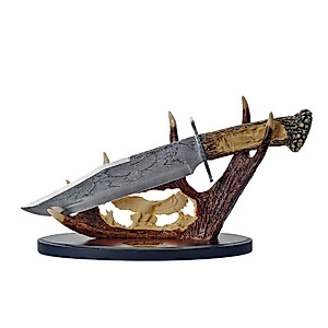 Szco Supplies 15" Etched Blade Bear Outdoor Hunting Knife With Resin Antler Display Stand, Brown