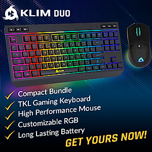 KLIM Duo - New 2023 Wireless Gaming Keyboard and Mouse Combo - Compact Durable Ergonomic - Silent Backlit TKL Keyboard - RGB Gaming Mouse Wireless - Long-Lasting Built-in Battery